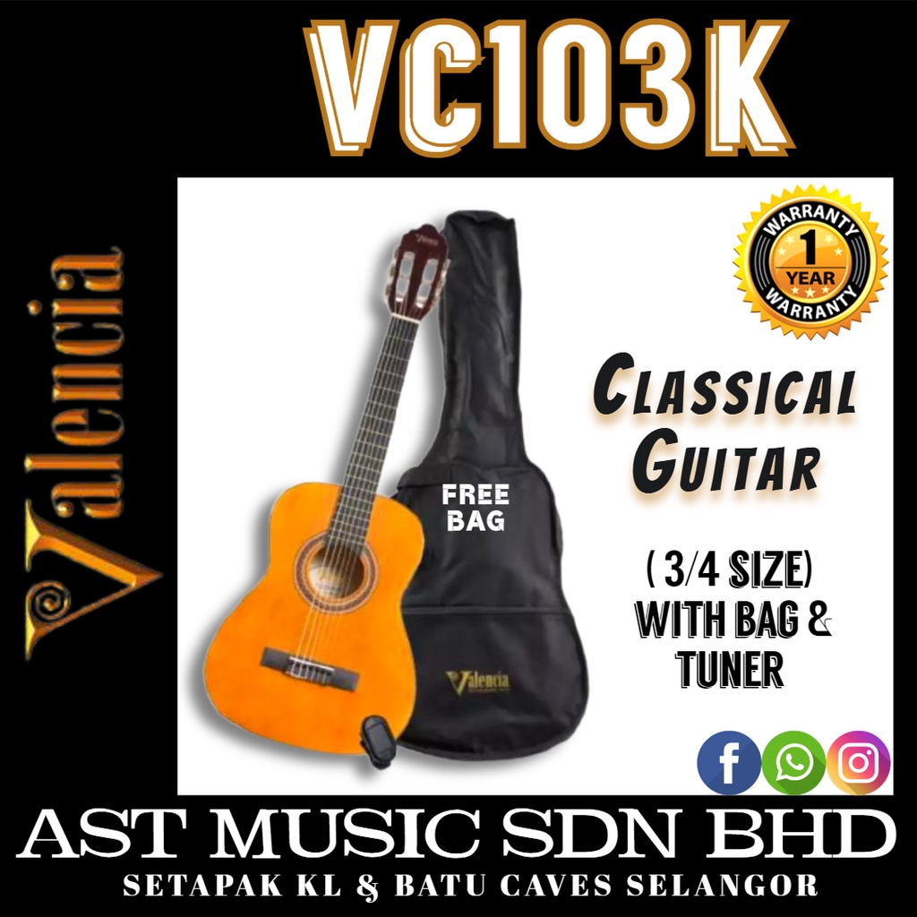 Valencia VC103K 3/4 Classical Guitar with Bag and Tuner ( VC103 / Vc103 ) | Shopee Malaysia