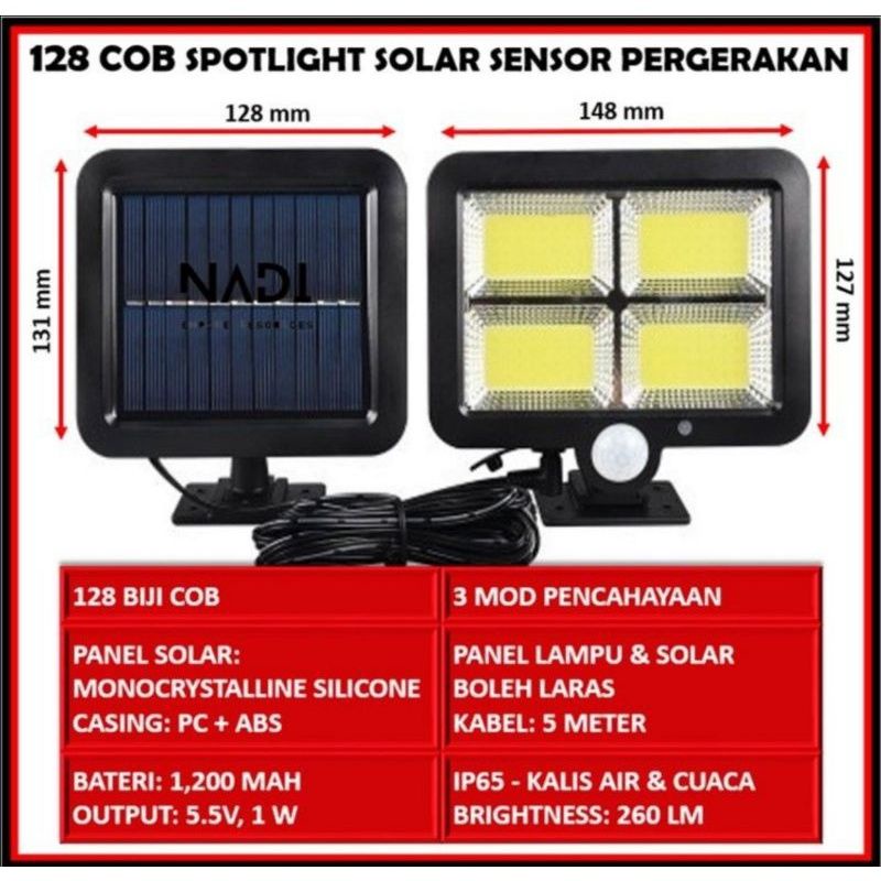 128 COB LED Solar Motion Sensor Spotlight / Lampu Solar Sensor ...