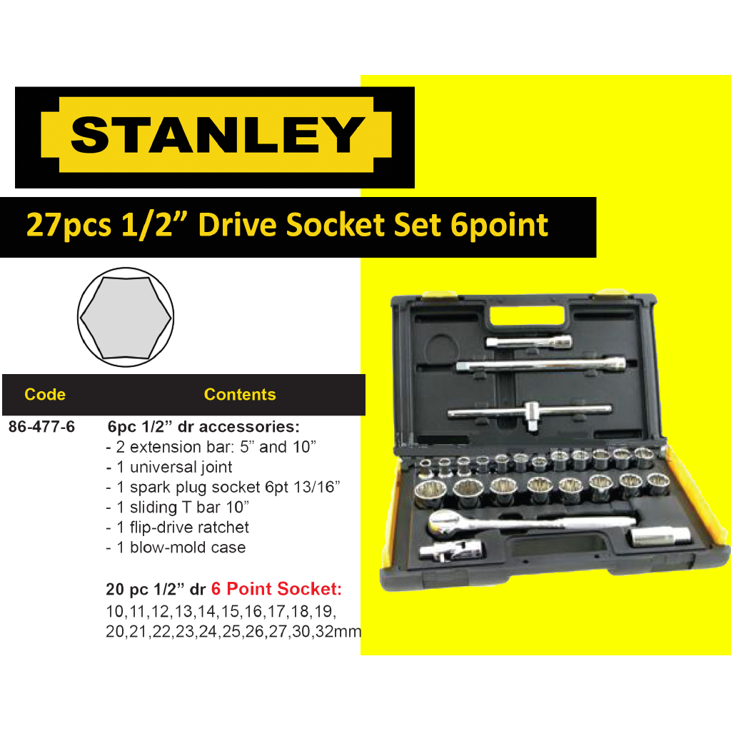 Original STANLEY 27-Pcs 1/2" 6 Point Drive Socket Set (10mm-32mm) 86 ...