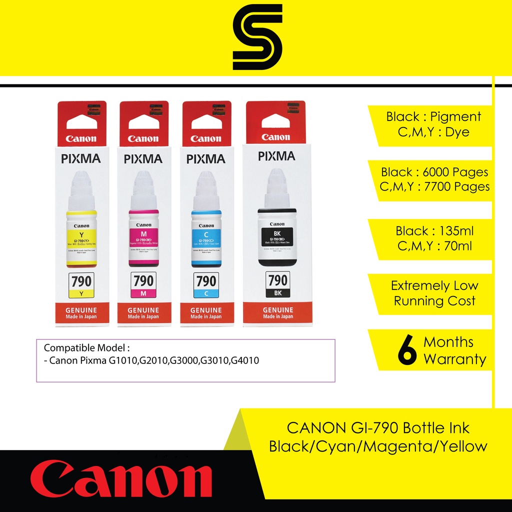 CANON GI-790 Ink Bottle - Black/Cyan/Magenta/Yellow - G1010,G2010,G3000 ...
