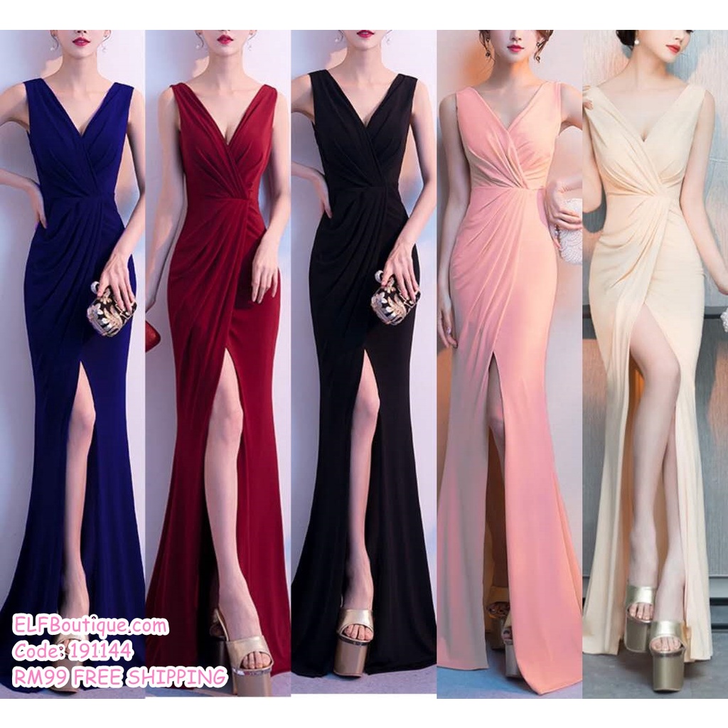 READY STOCK Fish Tail Deep V Sleeveless Dinner Gown Pink/Red/Black ...