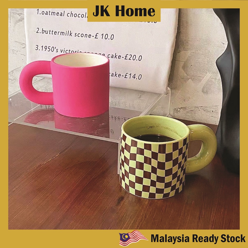 JK Home Classy Chubby Checkered Fat Handle Ceramic Mug | READY STOCK ...