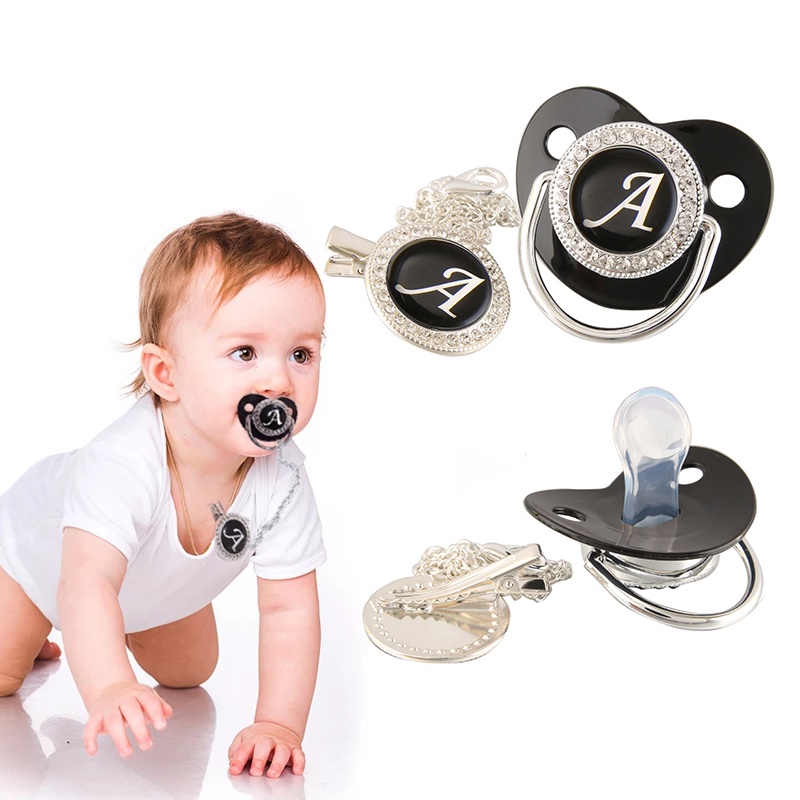 Name Initials Baby Pacifier and Clip Luxury Black Bling Alphabet Letter ...