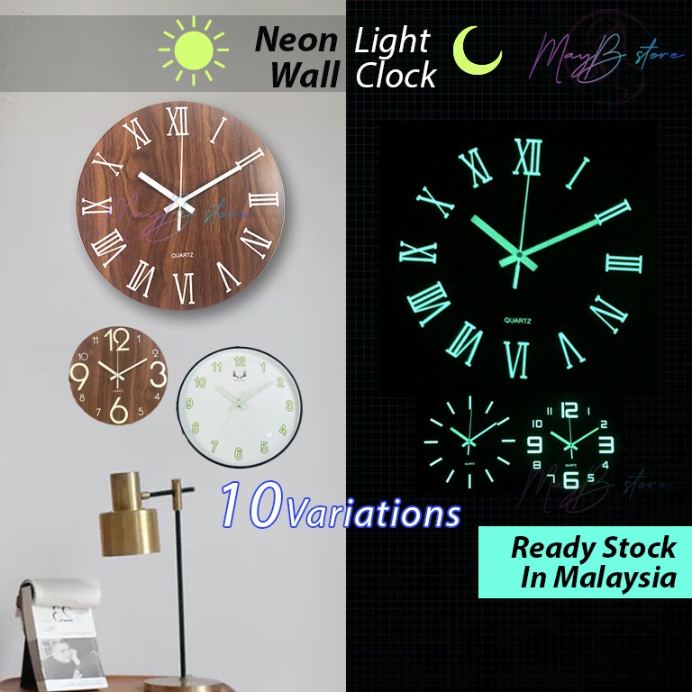 *ReadyStock* 30cm Neon Light Wall Clock Quartz Moden Reflective ...