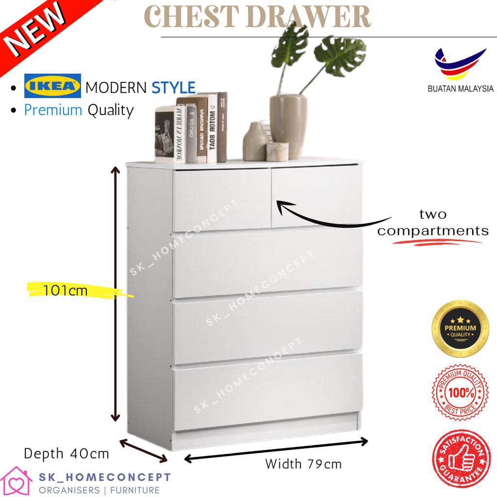 PROMO HEBAT | TERMURAH | 5 COMPARTMENTS 4 TIER CHEST DRAWER (WHITE ...