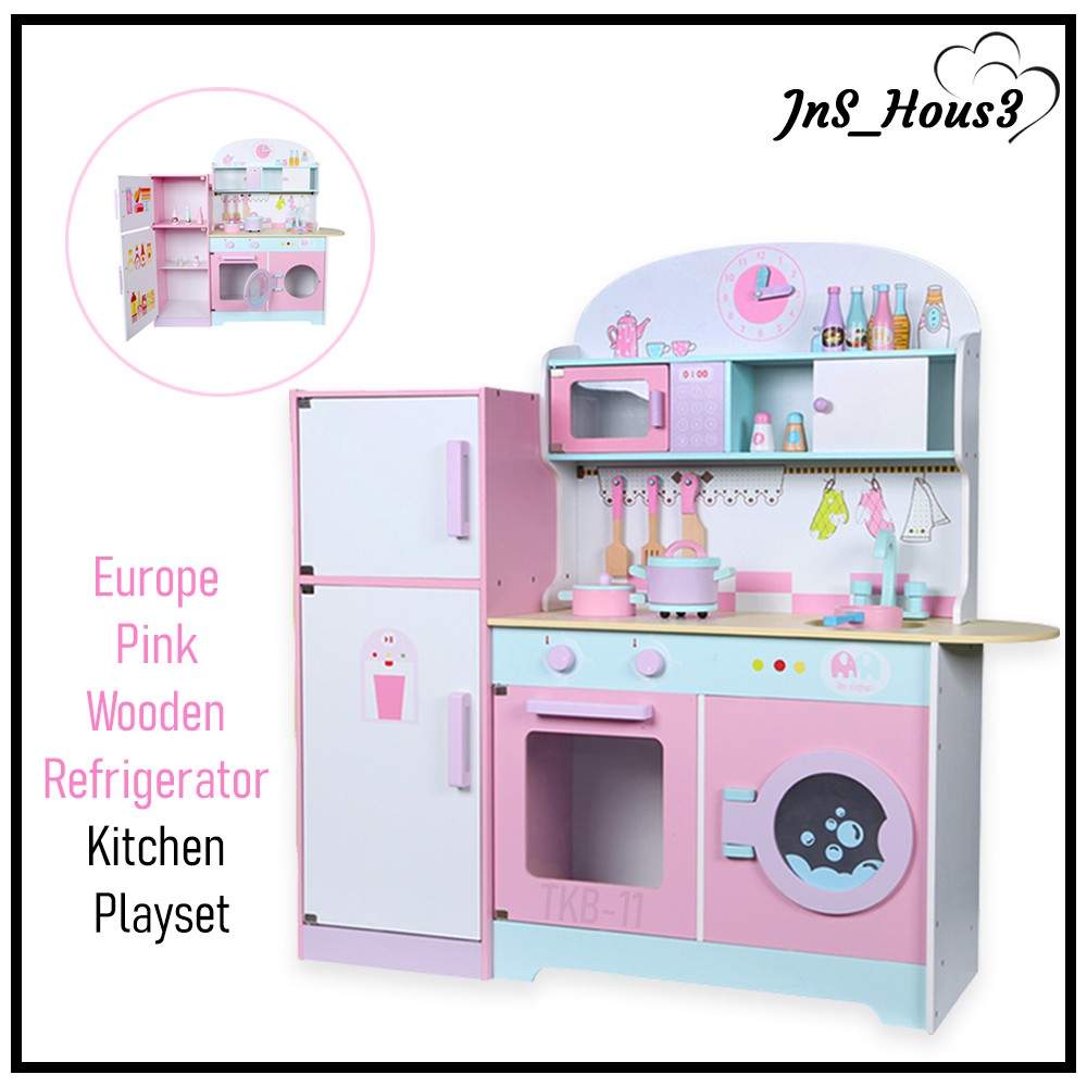 Europe Pink Wooden Refrigerator Kitchen Playset With Washing Machine ...