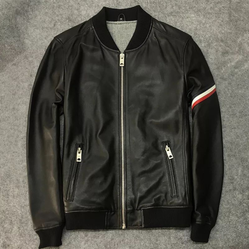 PUTIH MERAH HITAM Bomber Leather Jacket For Men Genuine Sheepskin Black ...