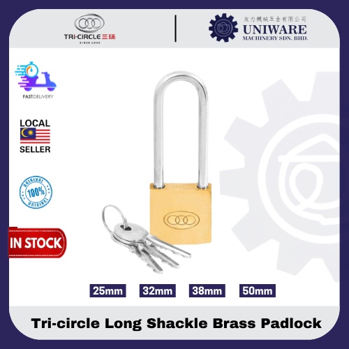 🔥100% ORIGINAL🔥 TRI-CIRCLE Long Shackle Brass Padlock 25mm 32mm 38mm ...