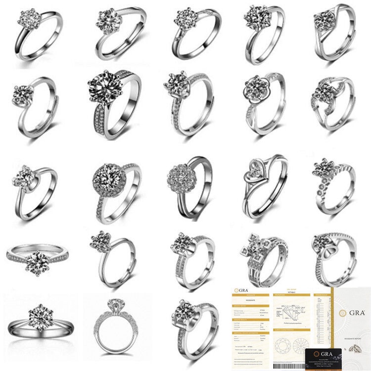 [With GRA Certificate]S925 Silver Moissanite Ring Classic Six-Claw 1 Karat Open Ring for Women ...