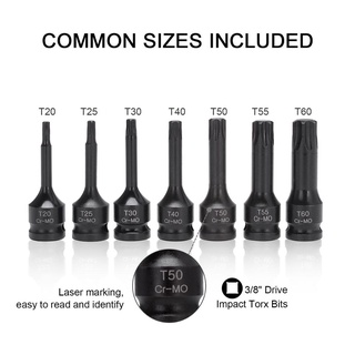 7Pcs/Set 3/8" Drive Impact Spline Bit Socket Set CR-MO Torx Head T20 ...