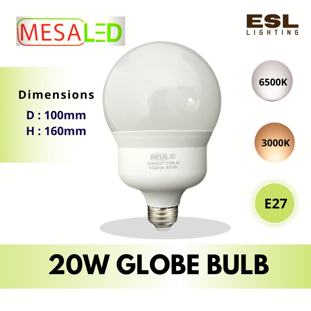 🌸READY STOCK🌸 ESL LIGHTING / LED BULB 20W GLOBE E27 / MESALED / ONE ...