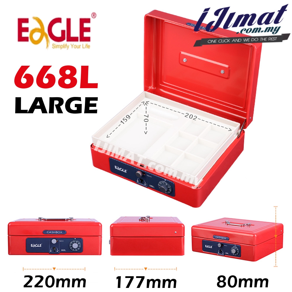 EAGLE 668L LARGE Petty Cash Box (KEY & NUMBER LOCK) BLUE / RED Random ...