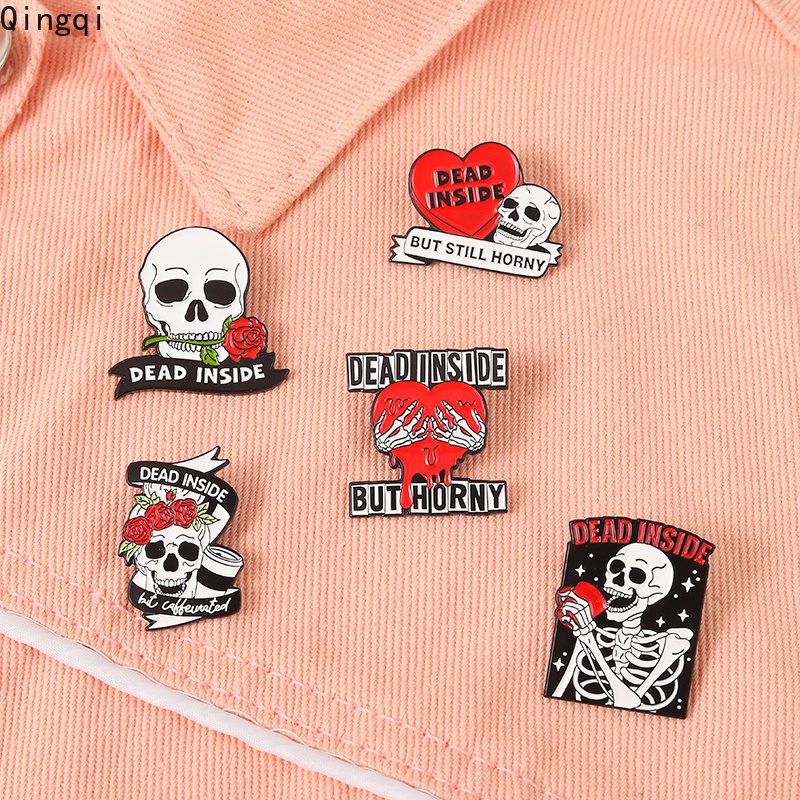 Funny Dead Inside Enamel Pins Red Heart Skeleton Flower Brooch Badges ...