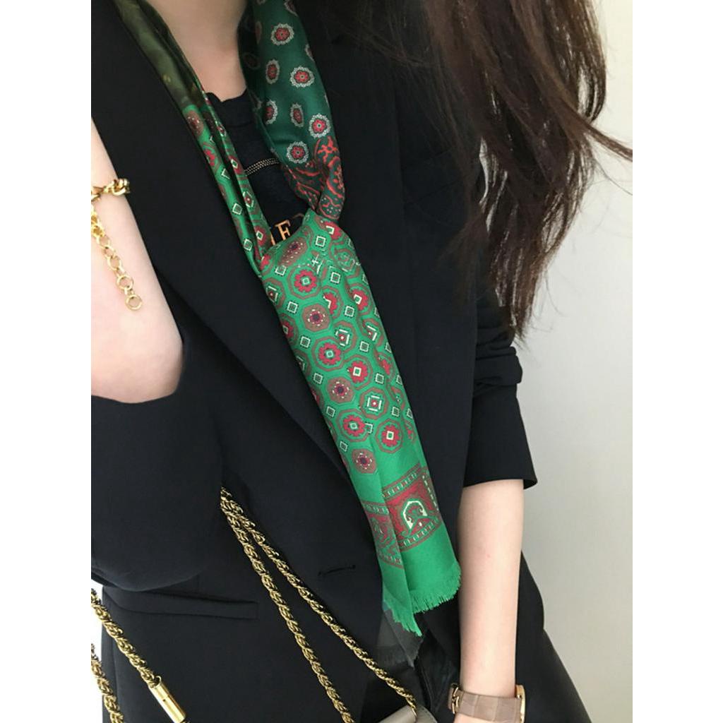 Dark green silk silk silk scarf small strip narrow spring and autumn ...