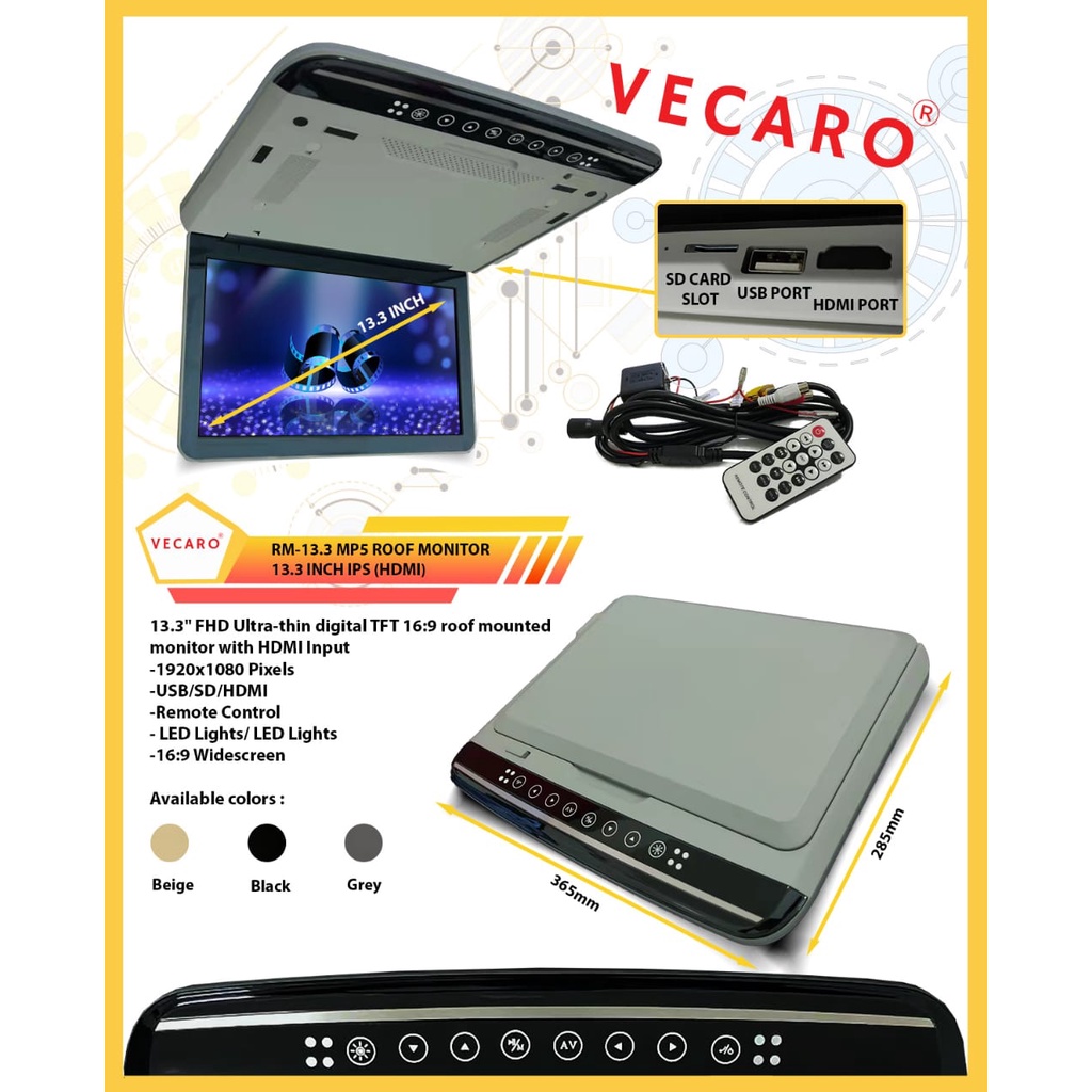 Vecaro RM-13.3 MP5 ROOF MONITOR 13.3 INCH IPS (HDMI) | Shopee Malaysia