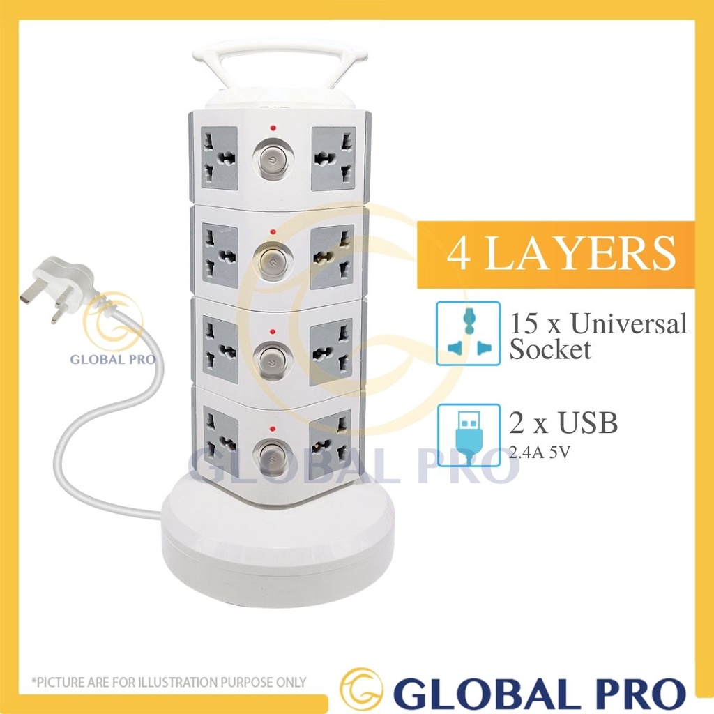 VERTICAL TOWER 2 / 3 / 4 Layer Tower Multi Universal Socket Portable ...
