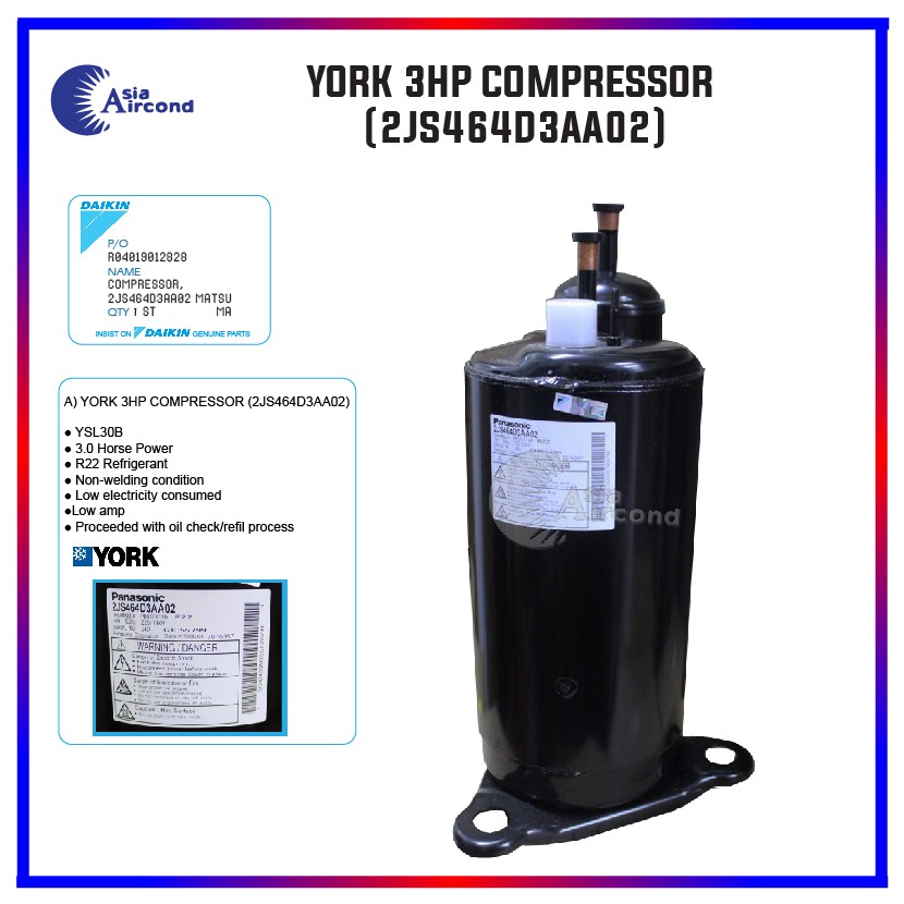 YORK 3HP COMPRESSOR (2JS464D3AA02) (R04019012828) | Shopee Malaysia