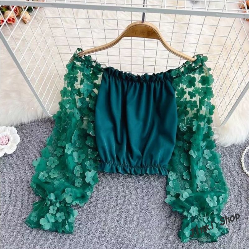 Off Shoulder Flower Perspective Mesh Stitched Chiffon Shirt Women's ...