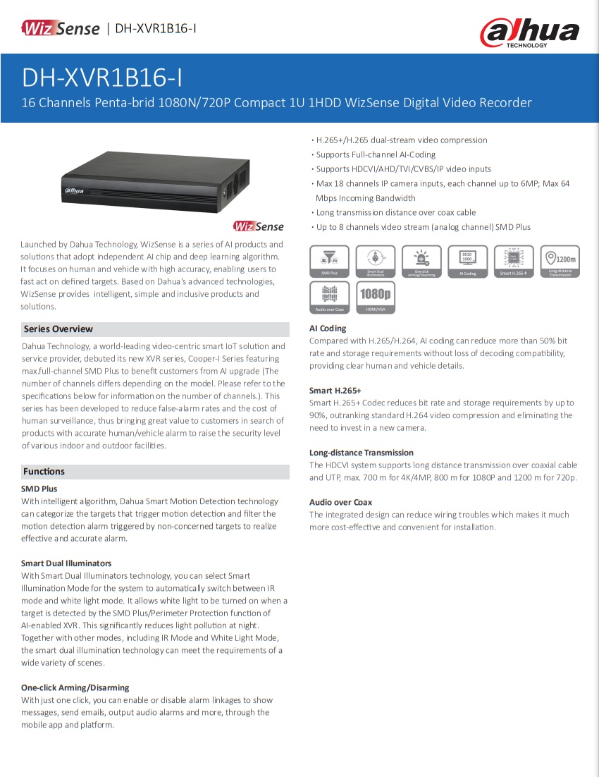【Ready Stock】Dahua DH-XVR1B16H-I 16-Channel 16CH Full HD 5M-N DVR CCTV ...