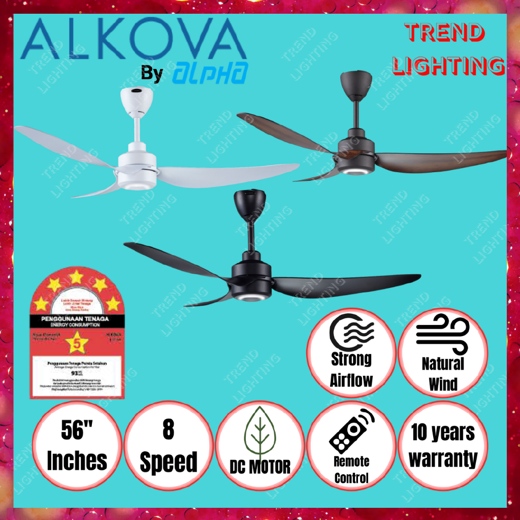 Alpha ALKOVA LIT 56" 3 blade DC motor ceiling fan with remote control ...