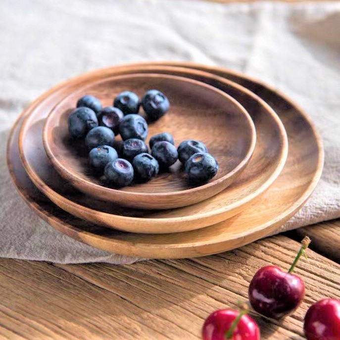 🔥🔥Wooden Round Tray Wood Plate Tableware Food Serving Fruits Pinggan ...
