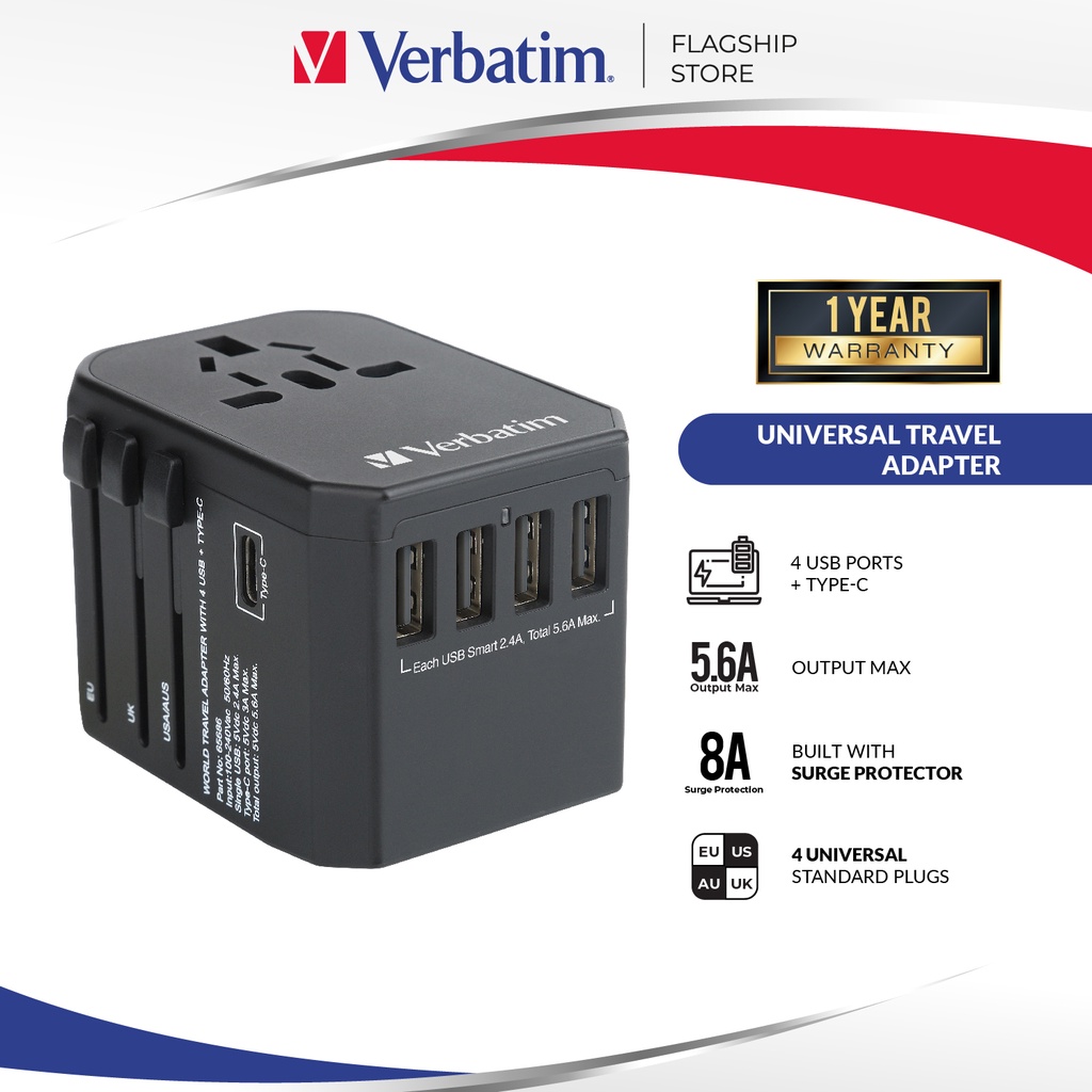 Verbatim 5-Ports Type-C & 4 USB Universal Travel Adaptor - Black ...