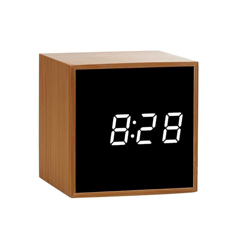 Digital LED Bamboo Alarm Clock Wooden Square Clock Multifunctional ...