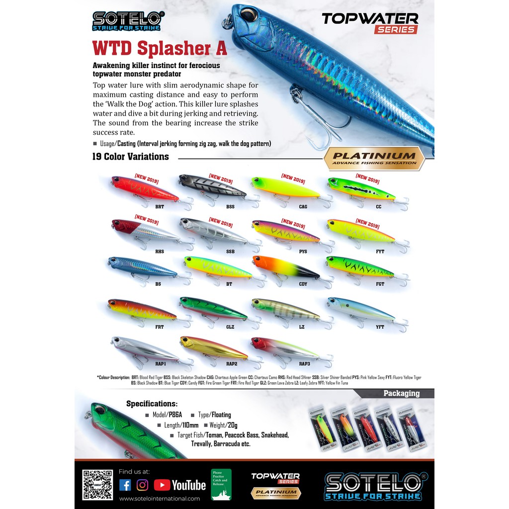 SOTELO PLATINUM AFS WTD SPLASHER 110MM, 20G , PENCIL (Fishing Hard Lure ...
