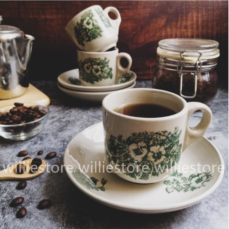 Porcelain Vintage Kopitiam Cup/Traditional Retro Chinese Floral Green ...
