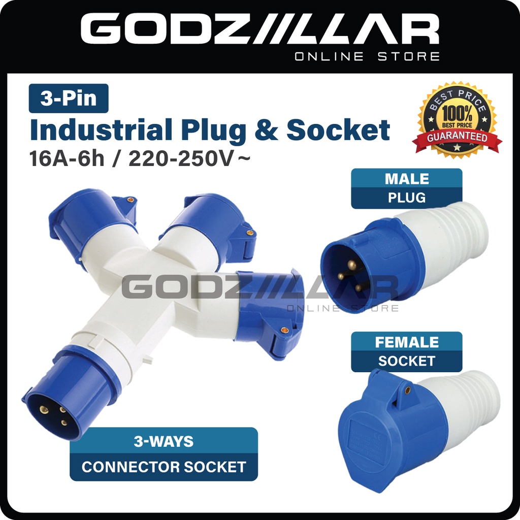 16A 3-Pin Industrial Plug & Socket | Male Plug & Female Socket & 3-Ways ...