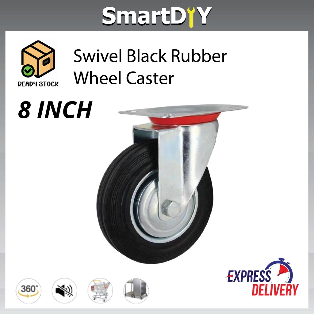 Solid 8 Inch Swivel Black Rubber Wheel Caster - Swivel | Shopee Malaysia