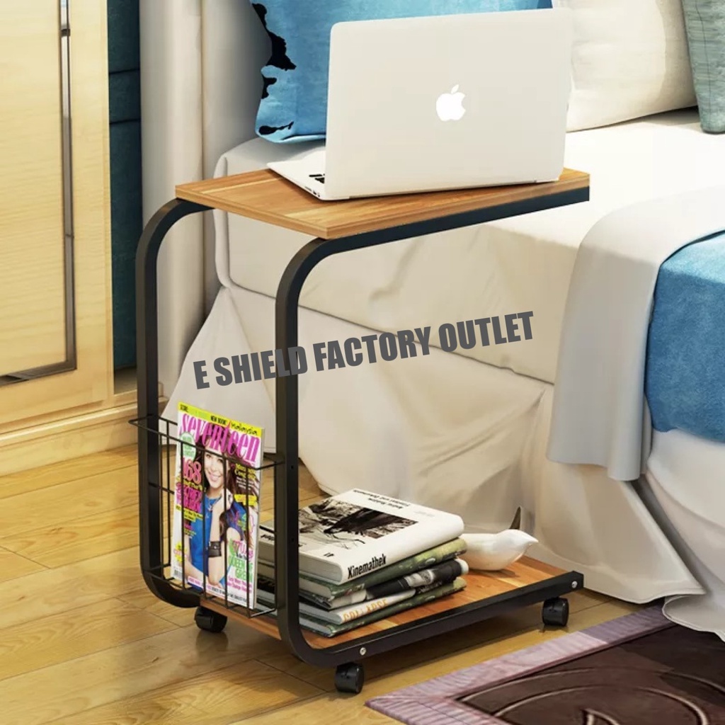 Side Table with Wheels and Basket Moveable Coffee Table Laptop Table ...