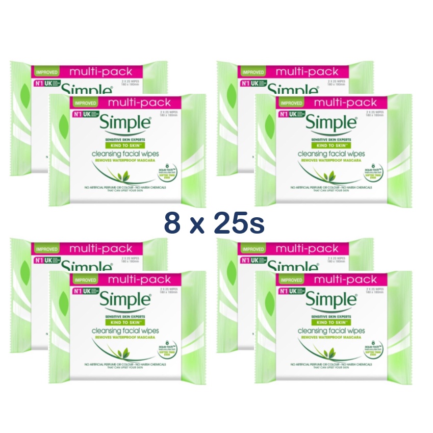 8 x 25s Simple Cleansing Facial Wipe 2 x 25s Twin Pack Bundle x 4 ...