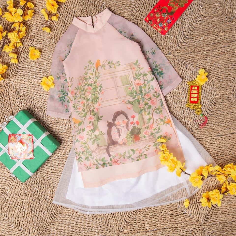 Innovative Pink Tet Ao Dai With Flower And Girl Patterns For Tet Baby ...