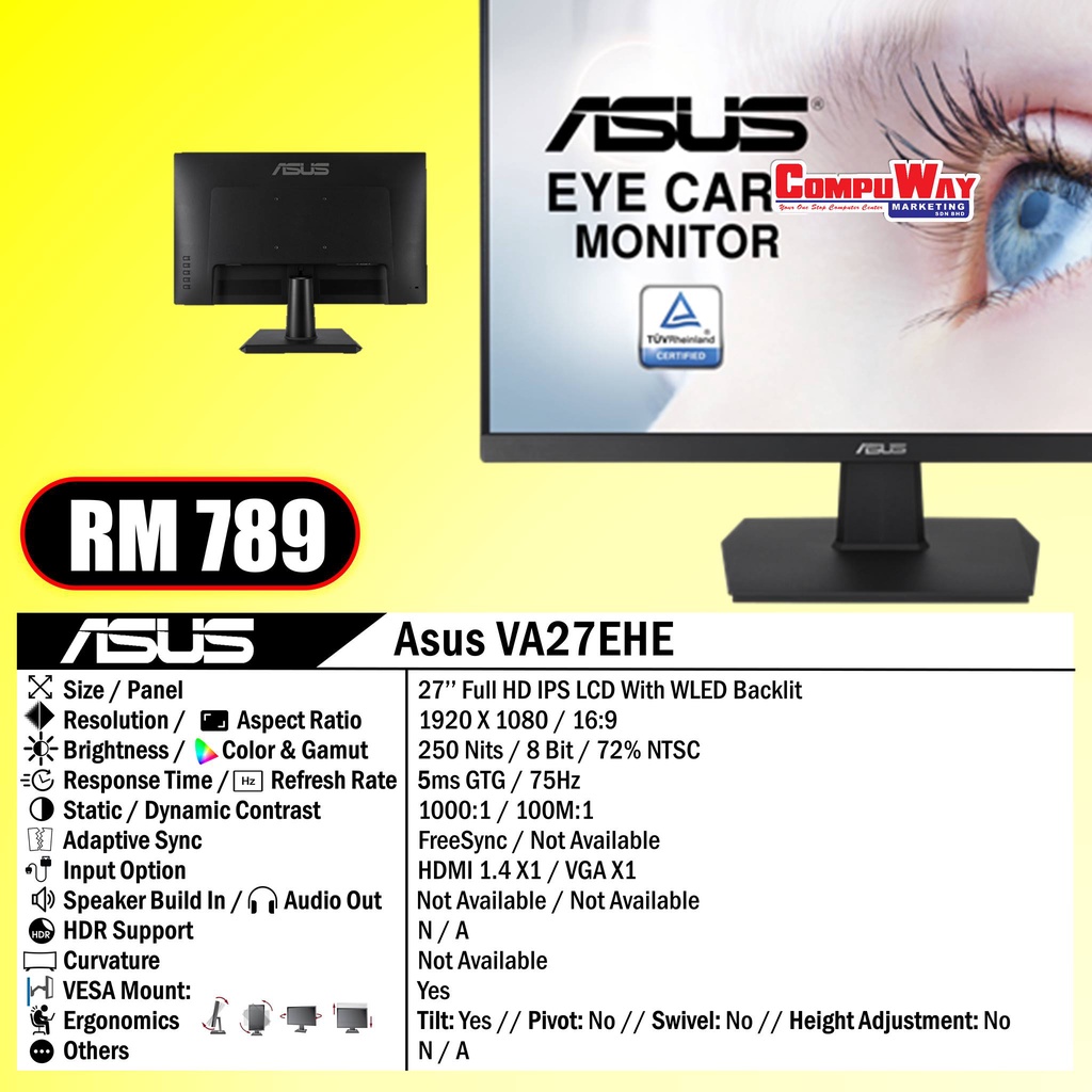 ASUS VA27EHE EYE CARE MONITOR (FHD/IPS/27''/75HZ/5MS/FLAT) | Shopee ...