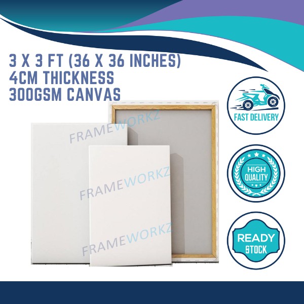 Blank Artist Canvas Stretched on Wooden Frame [3x3ft] 4cm Thickness ...