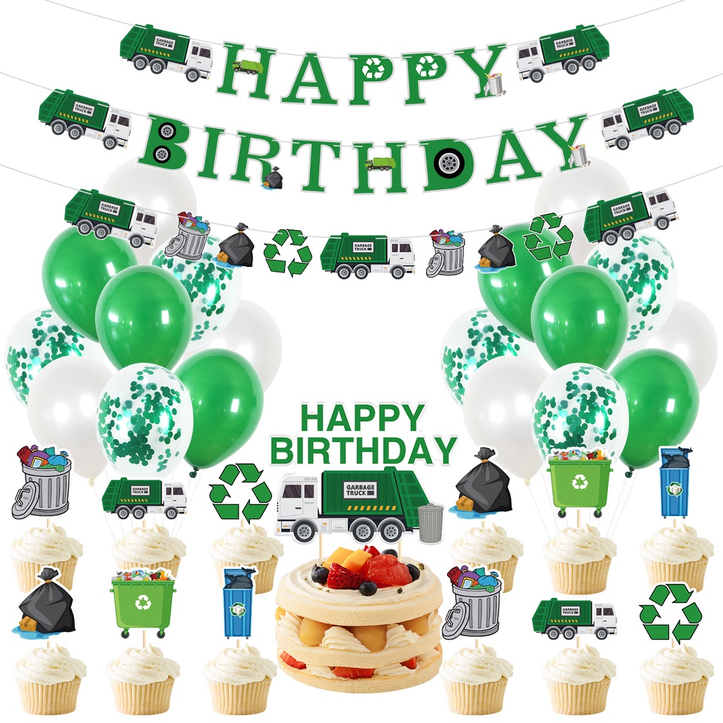 JOLLYBOOM Garbage Truck Theme Party Decoration Green Pearl White ...