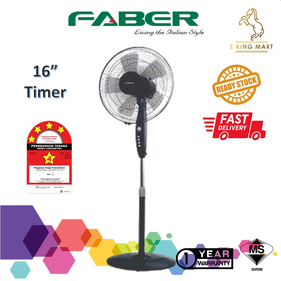 Faber FSF Vento Gen 2 1630 Stand Fan 16" Timer Setting 5 Blade Kipas ...