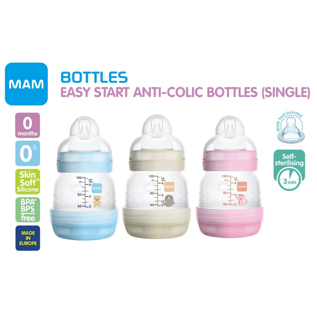 MAM Easy Start Anti-Colic Newborn Baby Feeding Bottle 130ml Single Pack (Teat Size 0) Random ...