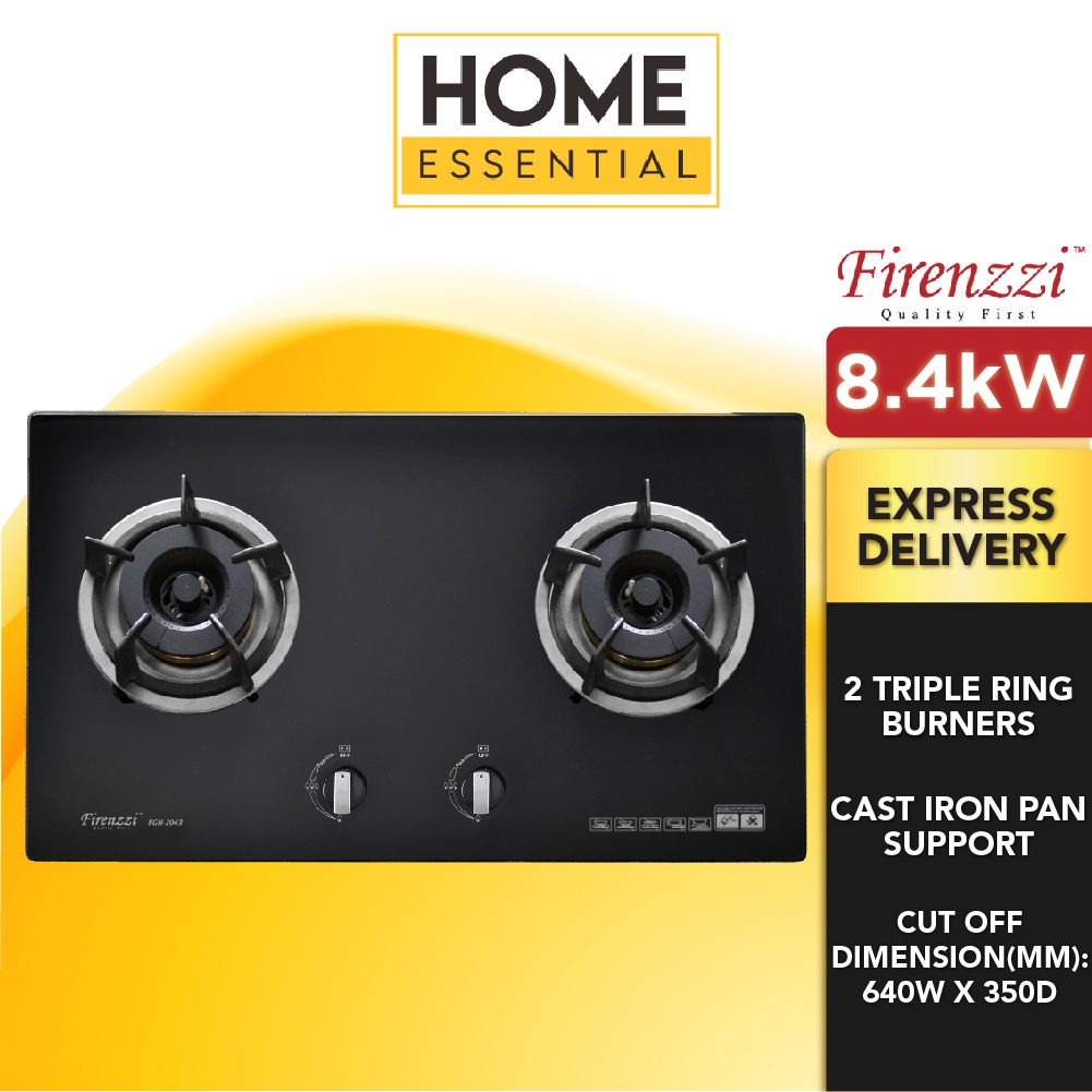 Firenzzi 4.2kW 2 Triple Ring Burners Tempered Glass Hob FGH-2043 ...