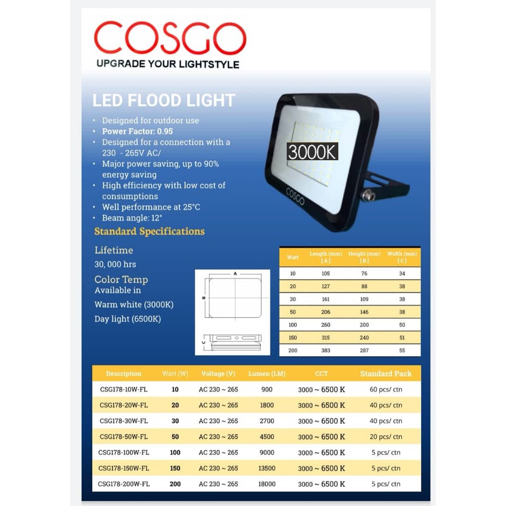 COSGO 30W LED FLOOD LIGHT (3000k/6500k) | Shopee Malaysia