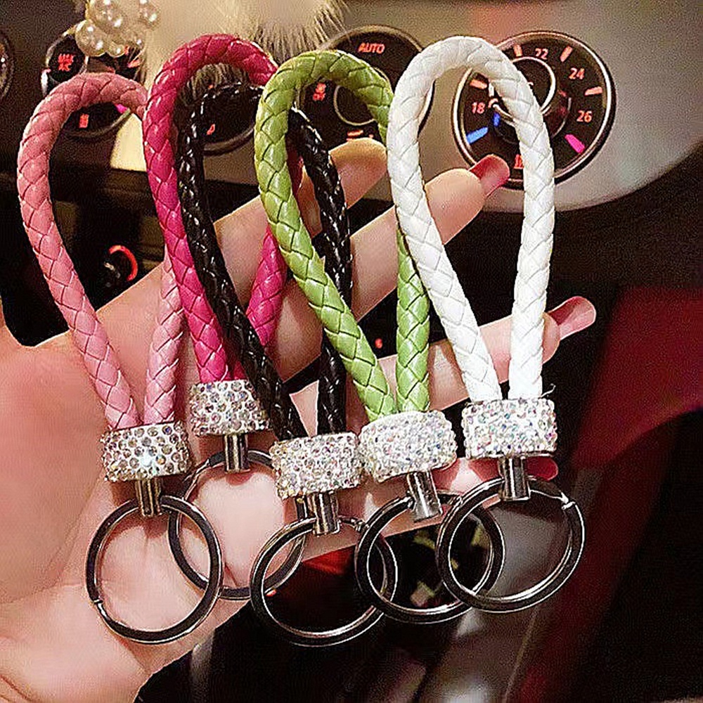 Handmade Woven Leather Rope Keychains With Bling Diamond For Women Men ...