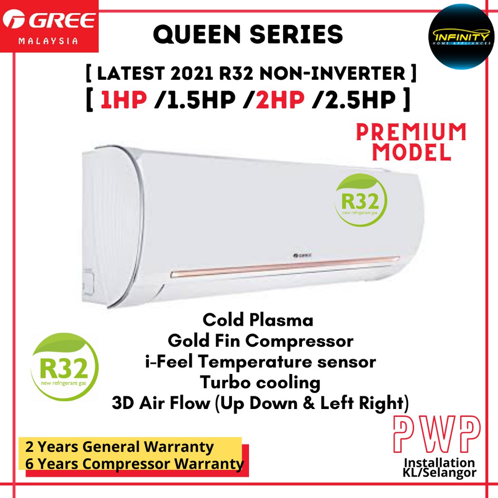 Gree R32 Non Inverter Air Conditioner 1HP, 1.5HP, 2.0HP & 2.5HP Aircond ...