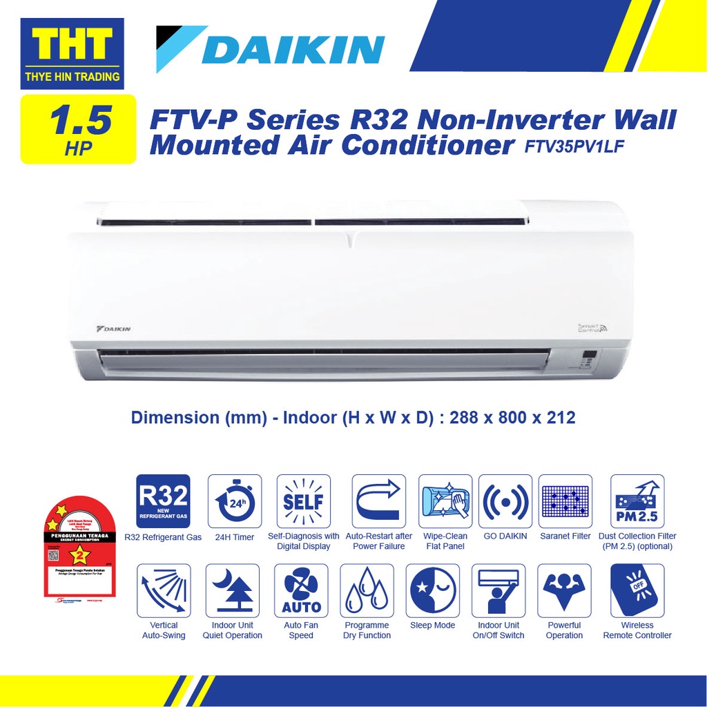Daikin 1.5HP Air Conditioner FTV35PB (WIFI) Non Inverter Wall Mounted ...