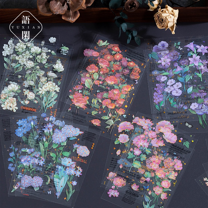 JIANWU 4 Sheets Vintage Bronzing Botanical Flower Sticker PET ...