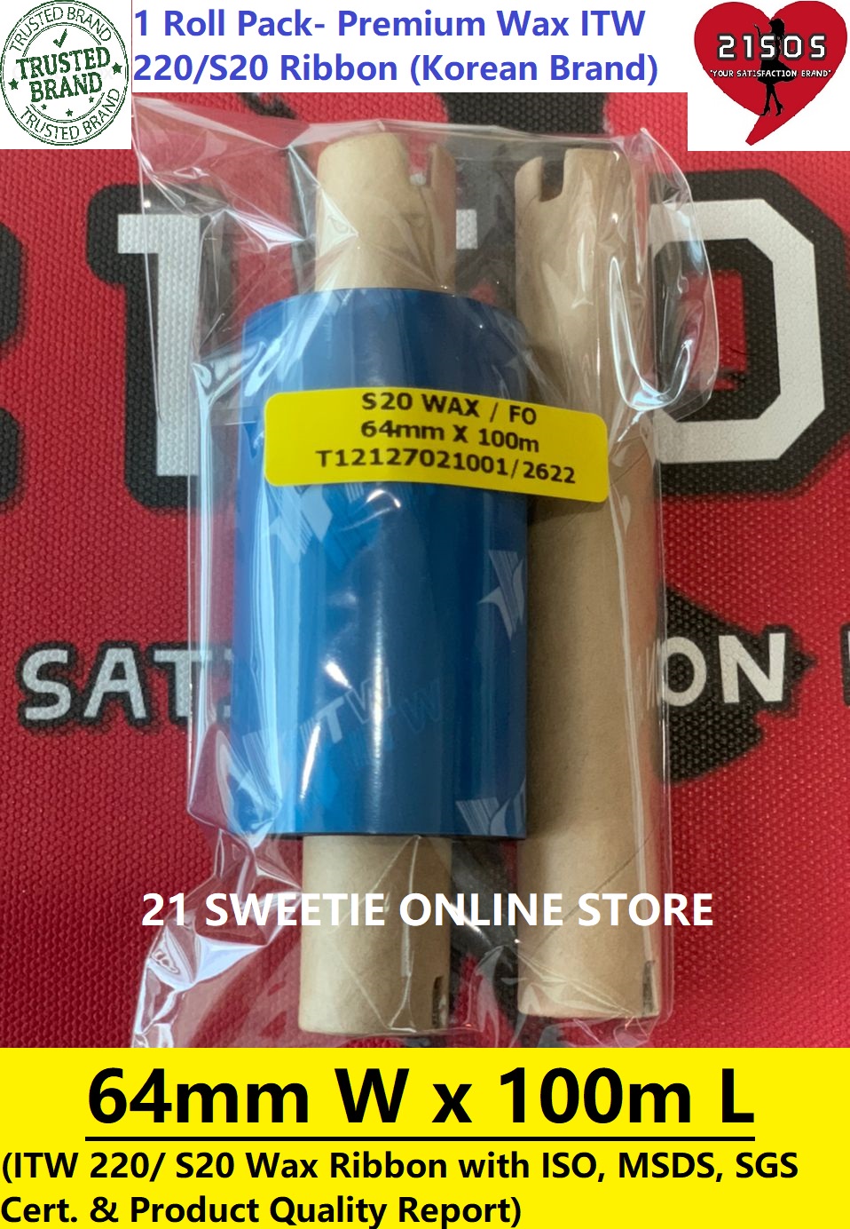 [1 roll] Premium 64mm x 100m Thermal Transfer Wax Ribbon 64x100 ITW TTR ...