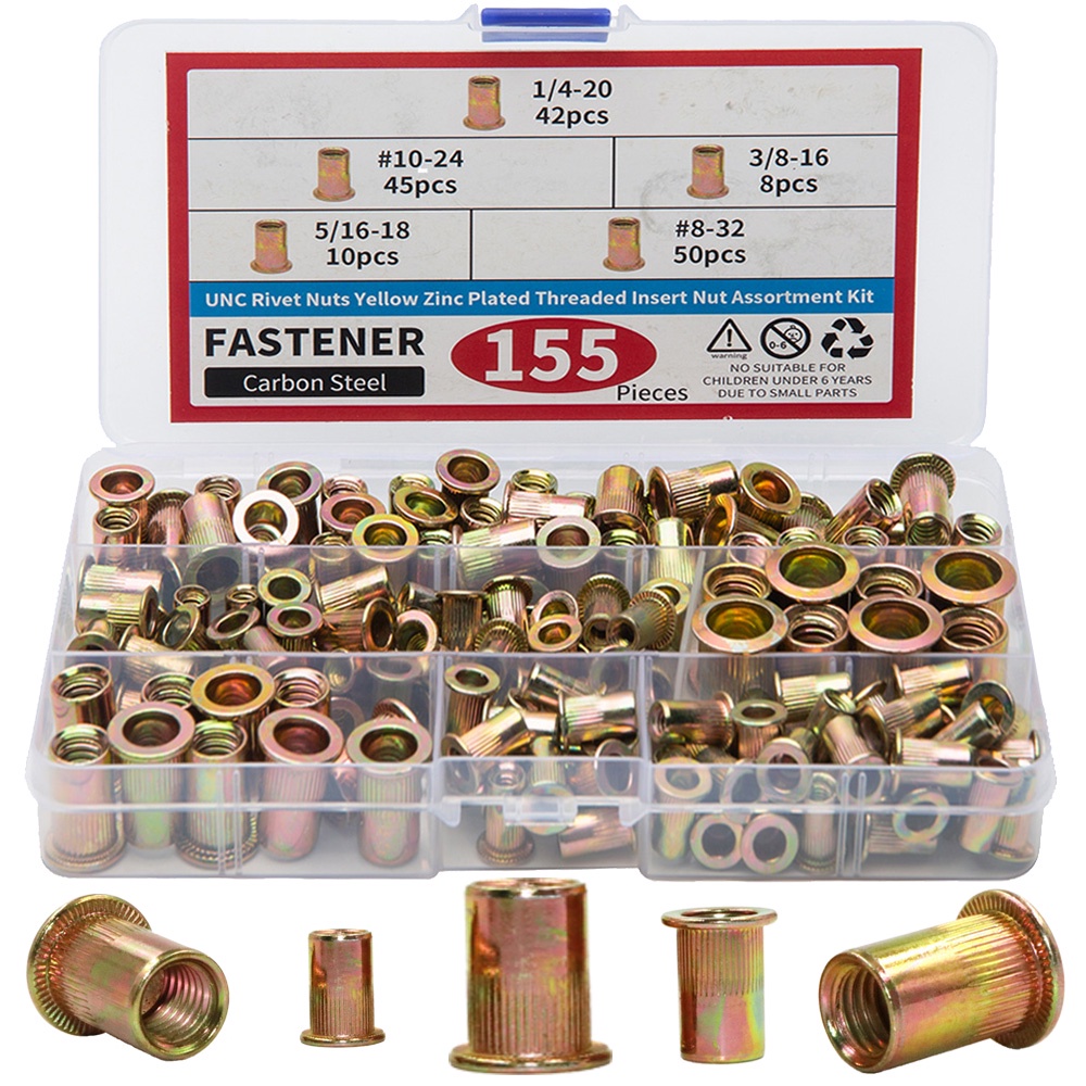 UNC Rivet Nuts Assortment Kit, 155pcs Carbon Steel, #8-32 #10-24 1/4 ...