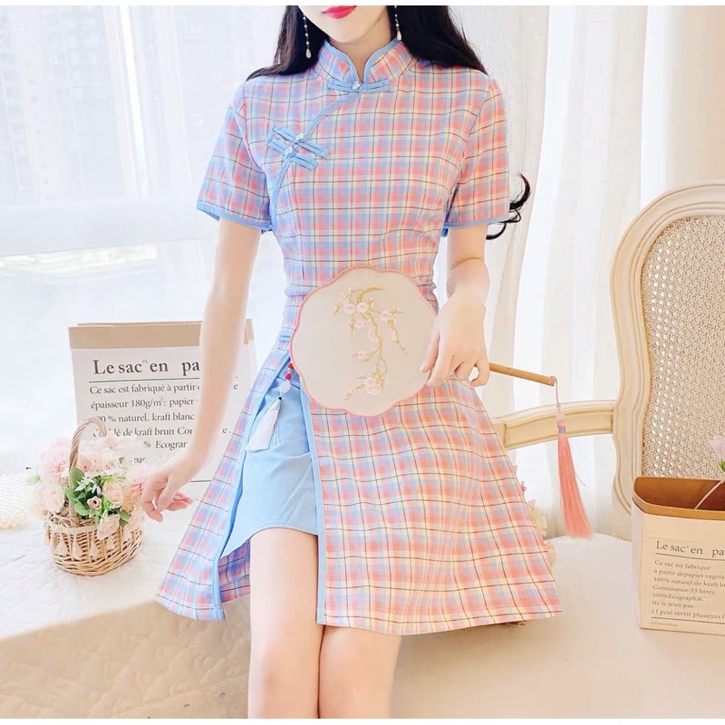New retro plaid cheongsam and Hanfu temperament dress Blue cheongsam ...