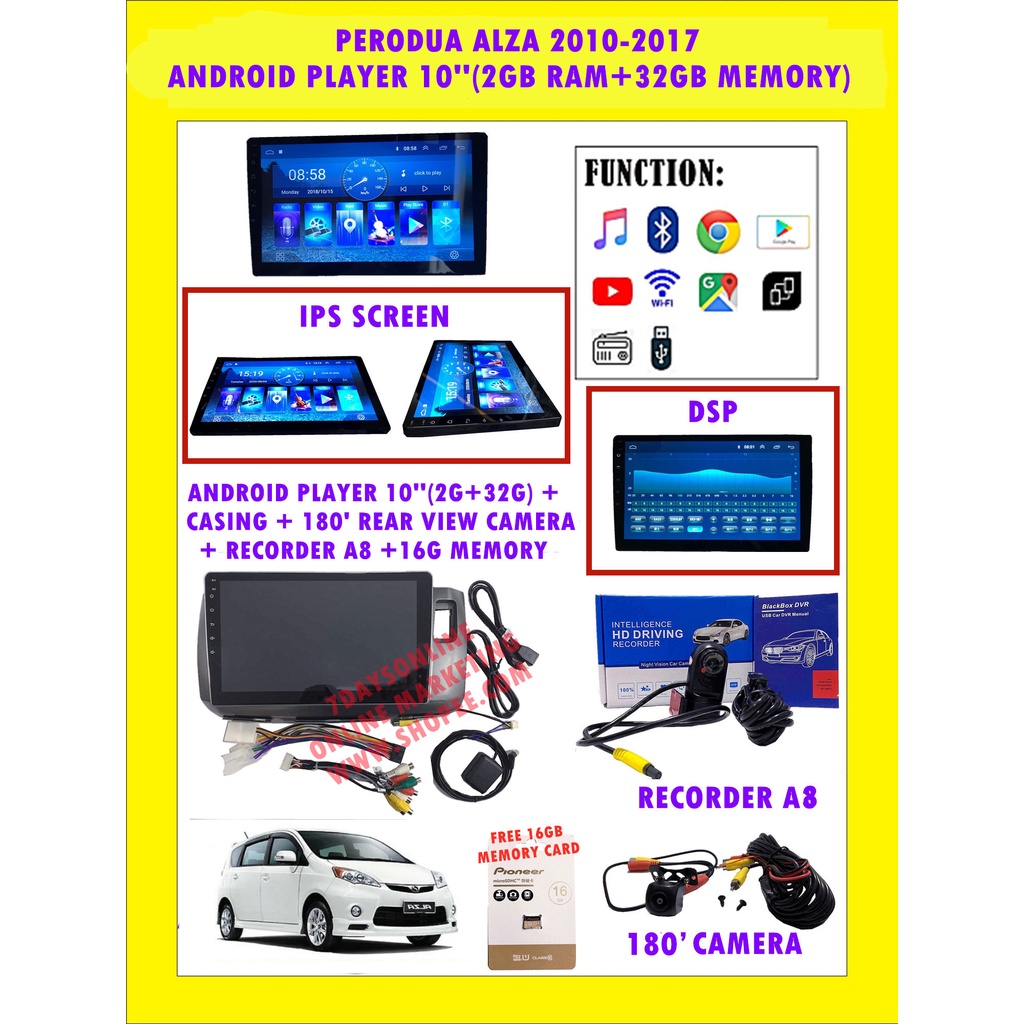 PERODUA ALZA 2010-2017 10"ANDROID PLAYER 32GB 2RAM + CASING + 180' REAR ...