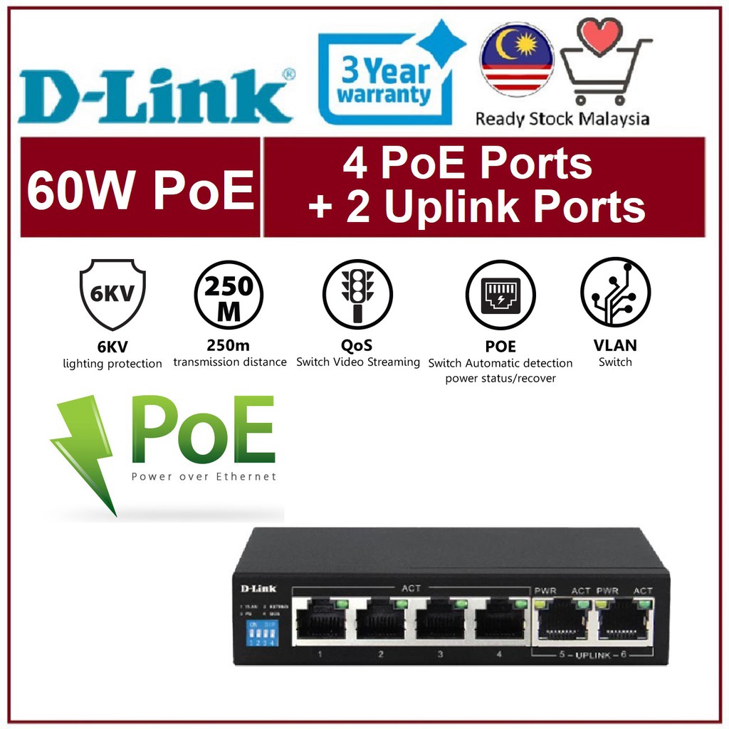 D-Link Dlink 250M 6-Port 1000Mbps Switch with 4 PoE Ports and 2 Uplink ...